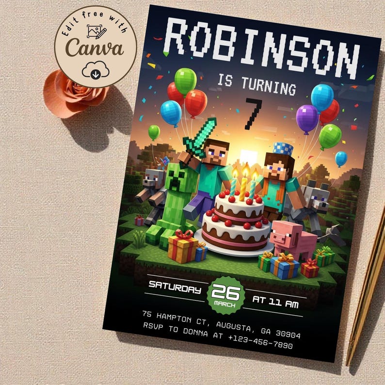 Pixel Block Birthday Invitation | Gamer Party, Level up (instant ...