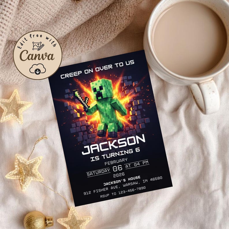 Editable Pixel Game Birthday Invitation | Boys Canva Template (digital ...