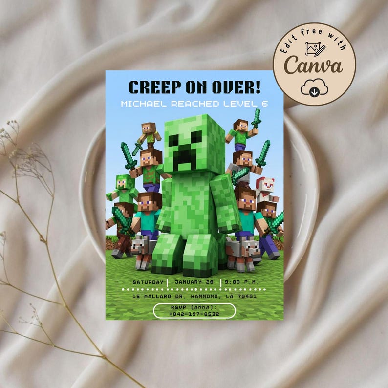 Pixel Block Birthday Invitation | Gamer Party, Editable Canva (digital ...