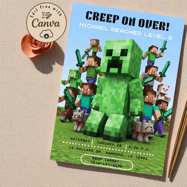 Pixel Block Birthday Invitation | Gamer Party, Editable Canva (digital ...