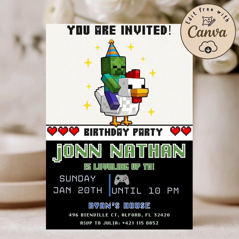 Editable Pixel Block Birthday Invitation – Boys Minecraft Party Invite ...