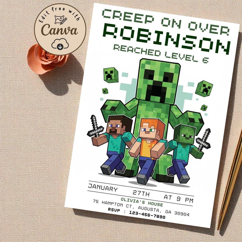 Pixel Block Birthday Invitation | Gamer Party Canva Template (digital ...