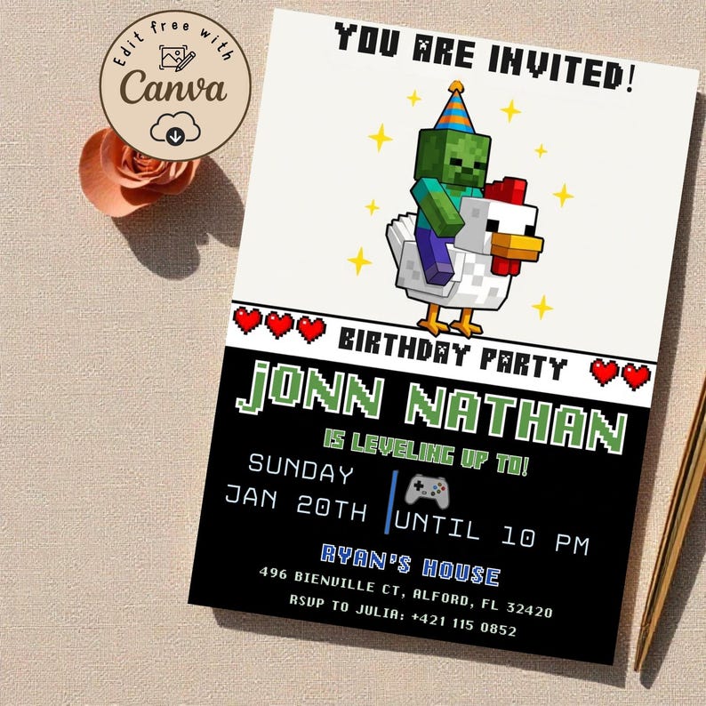 Editable Pixel Block Birthday Invitation – Boys Minecraft Party Invite ...