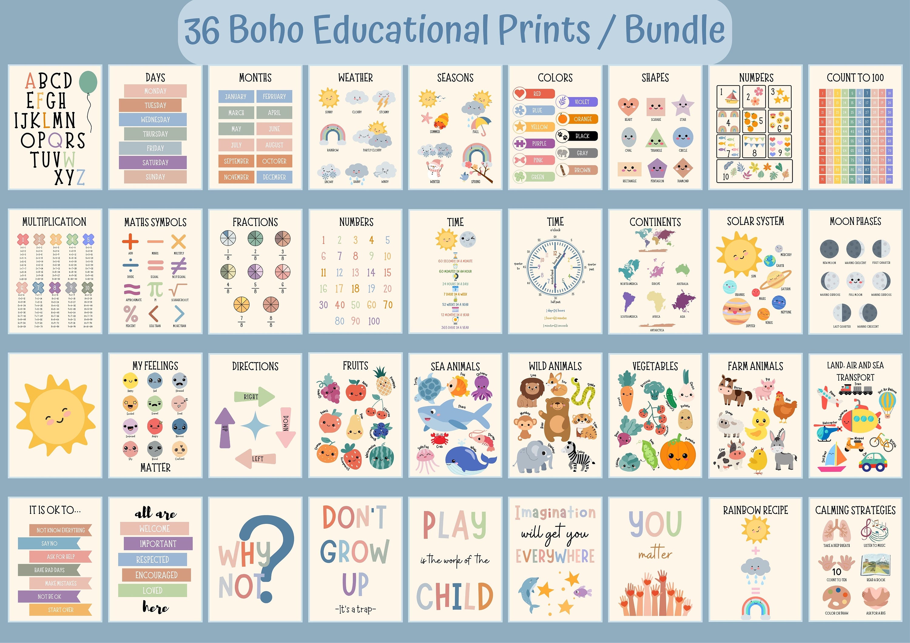 36 Boho Educational Posters Set for Playroom Kids, Toddlers, Printable ...