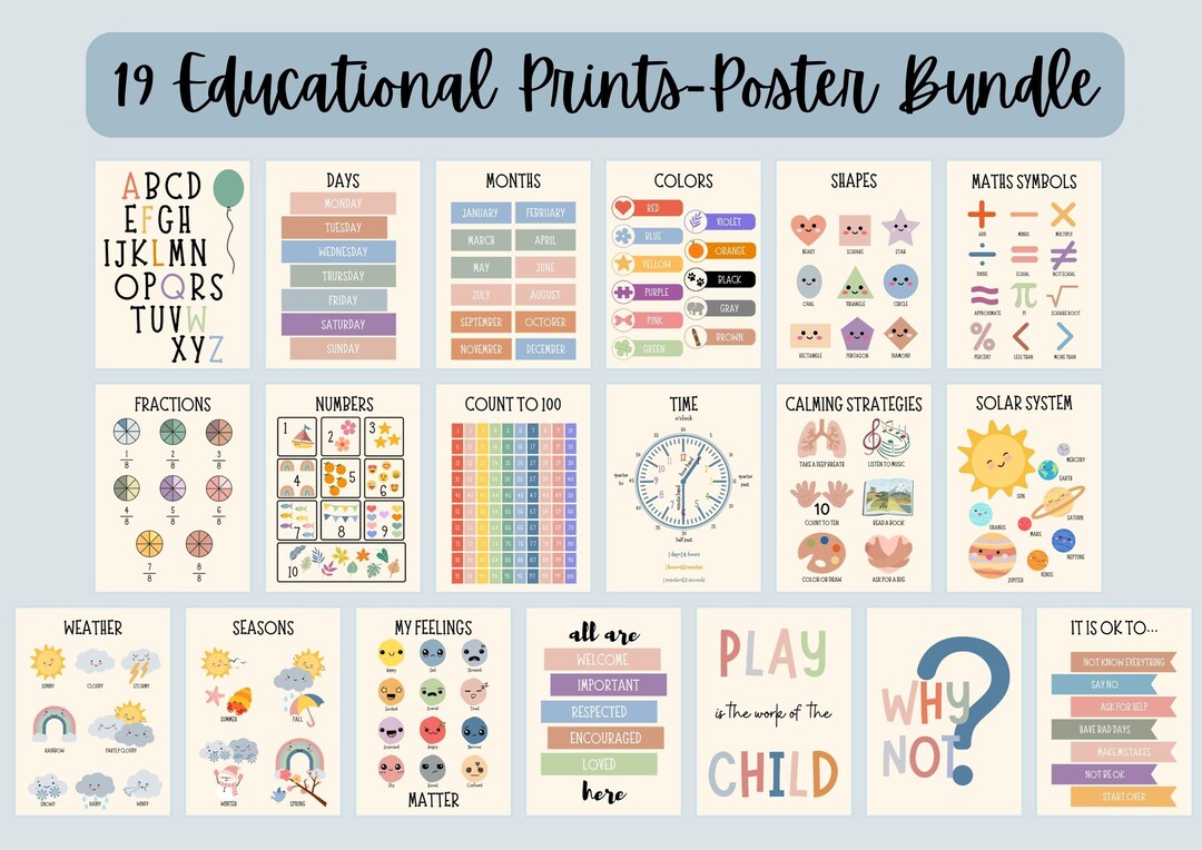 19 Educational Posters Set for Playroom, Kids, Toddlers, Printable Home ...