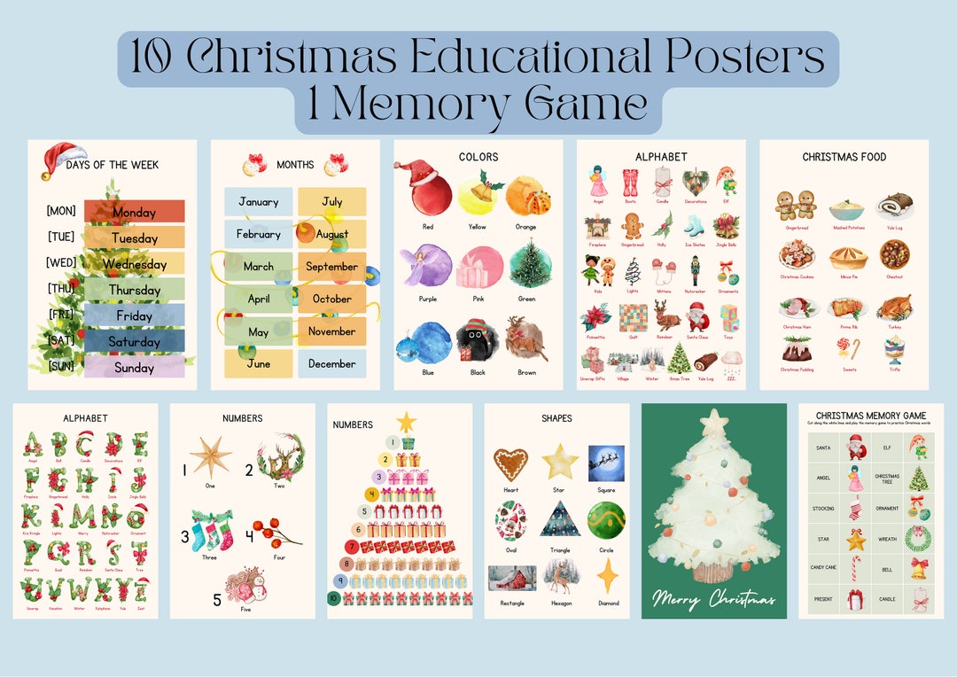 10 Educational Christmas Themed Posters Set for Playroom and Kids ...