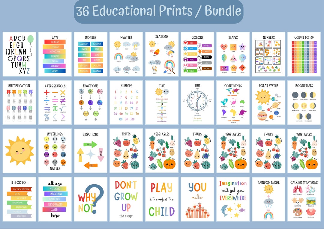 36 Educational Posters Set for Playroom Kids, Toddlers, Printable ...