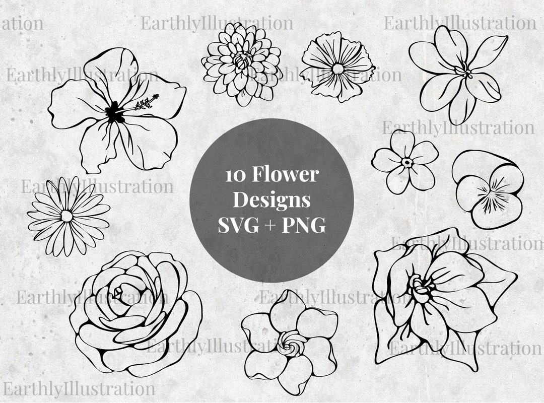 10 Simple Flower Designs, SVG & PNG Files, Instant Download, Hand Drawn ...