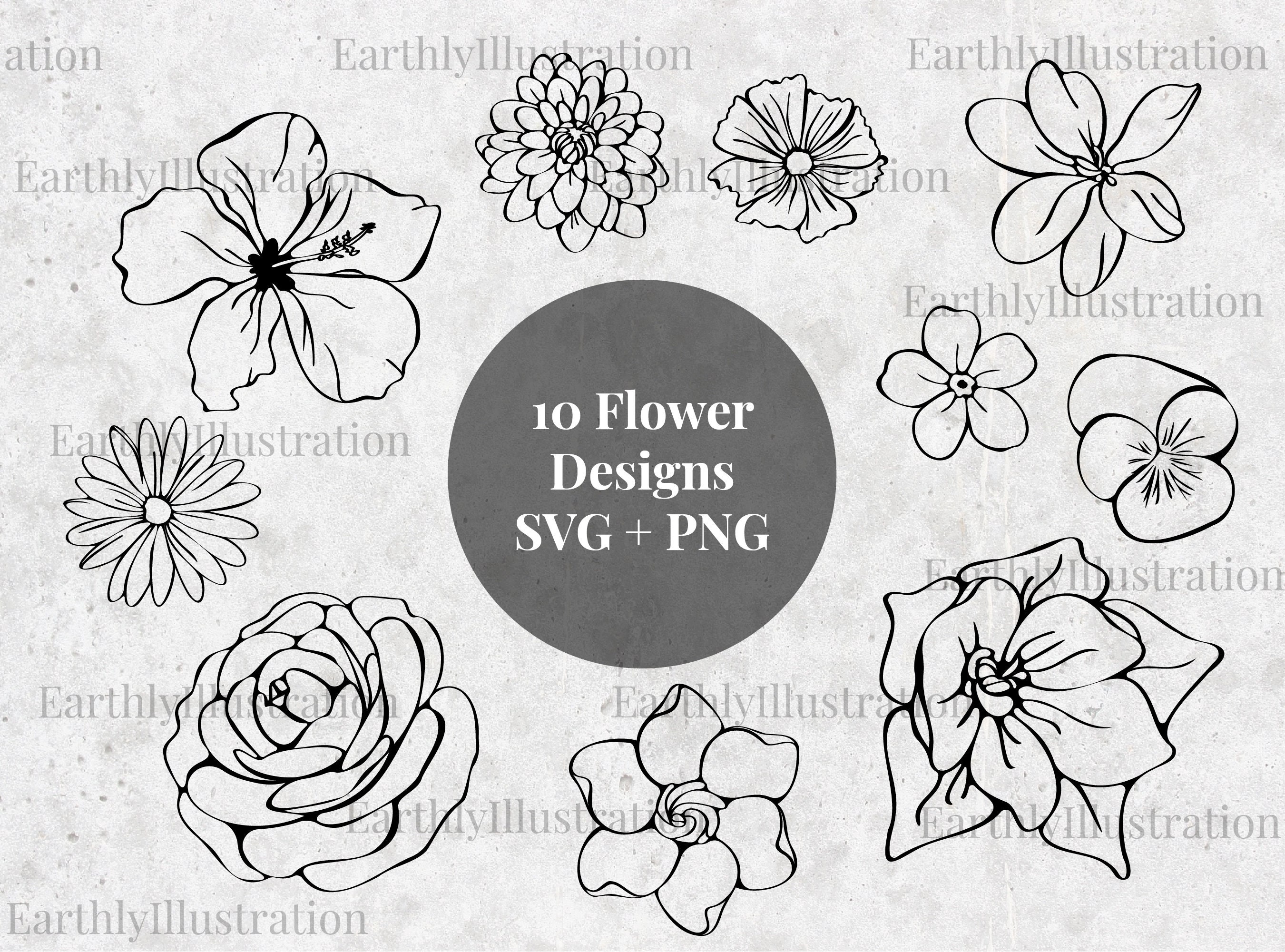 10 Simple Flower Designs, SVG & PNG Files, Instant Download, Hand Drawn ...