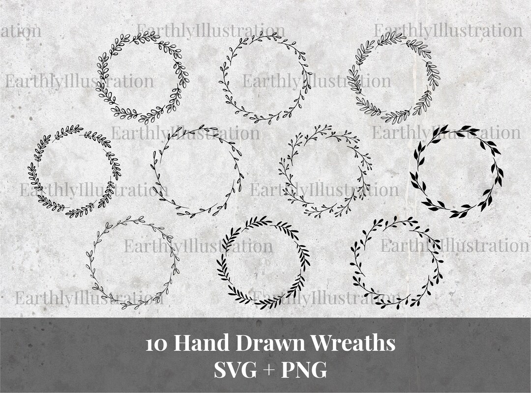 Set of 10 Hand Drawn Wreaths, SVG & PNG Files, Instant Download, for ...