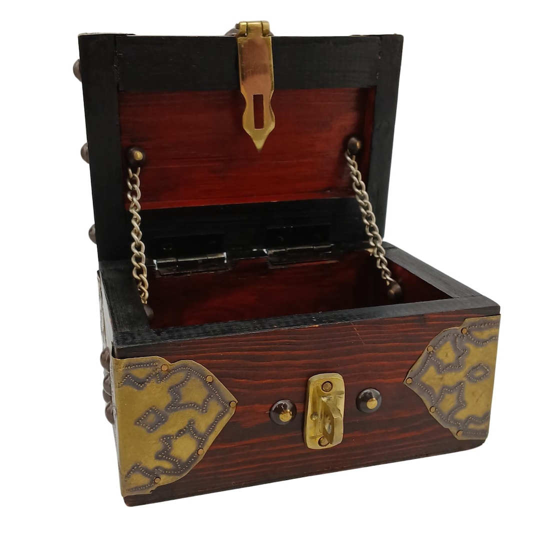 Vintage Wooden Treasure Chest Box With Brass Accents – Jewelry Keepsake ...