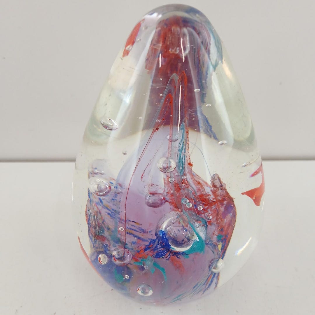 Art Glass Hand Blown Paperweight Teardrop Shape W/ Fish Blue Red Swirl ...