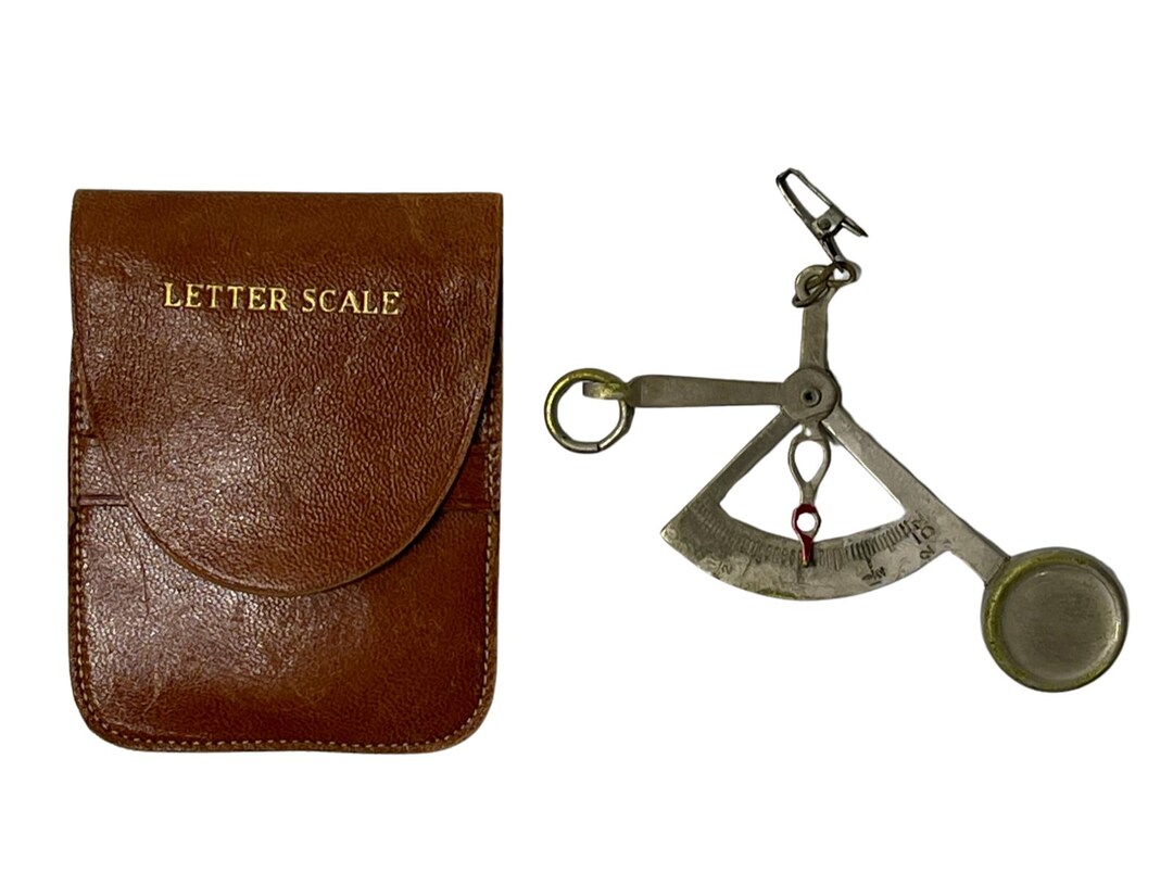Vintage 1950s 60s Postal Scale Handheld Hanging W/ Leather Case Brass ...