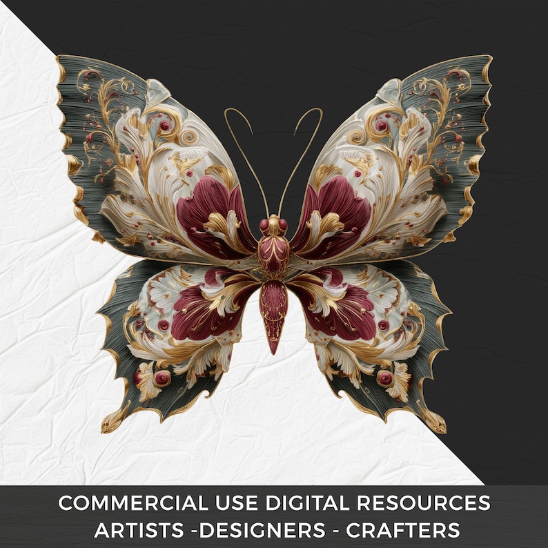 Gilded Fantasy Butterflies Clipart, 8 PNG 300DPI Images, Burgundy ...