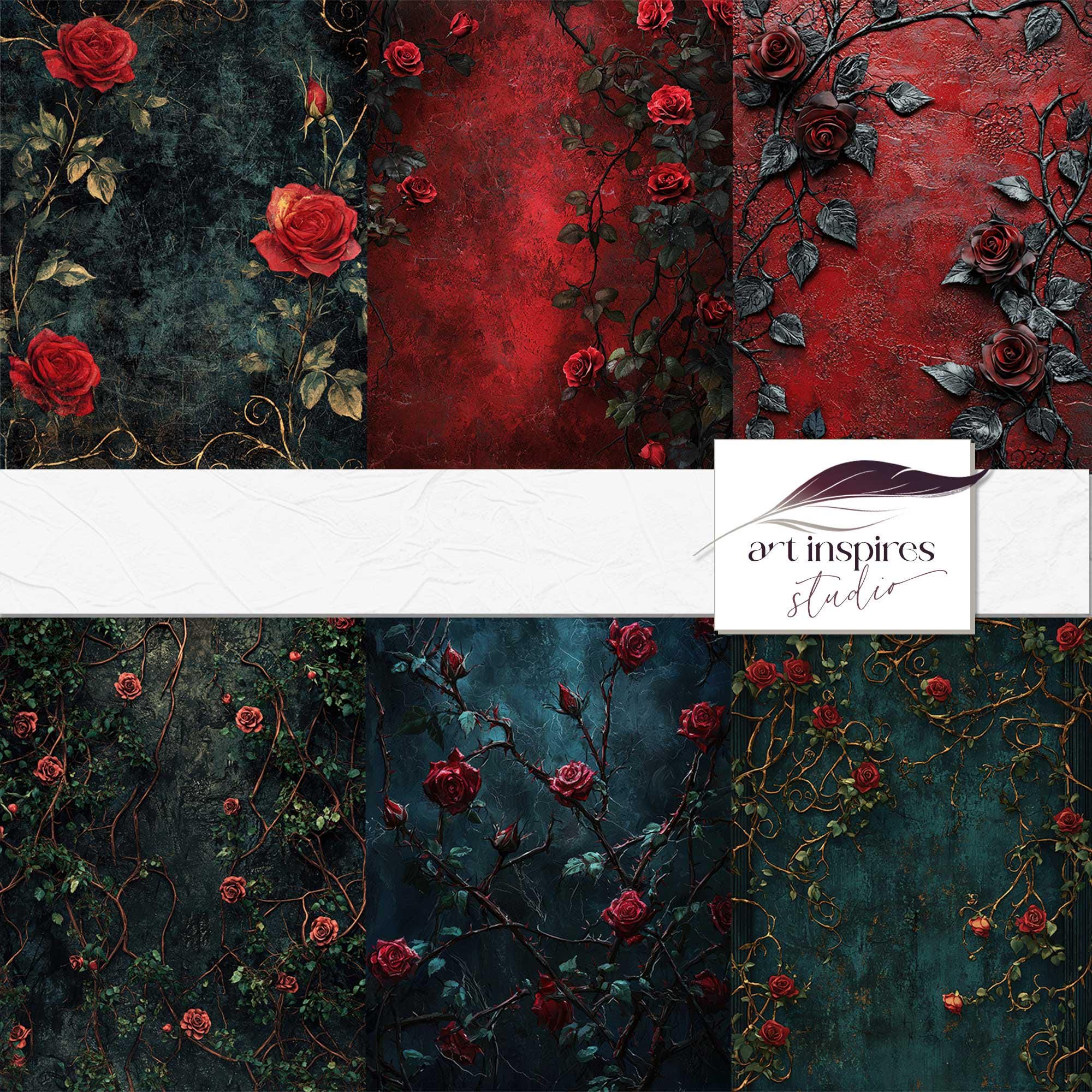 Dark Gothic Red Rose Digital Background, Elegant Black Thorn Floral ...