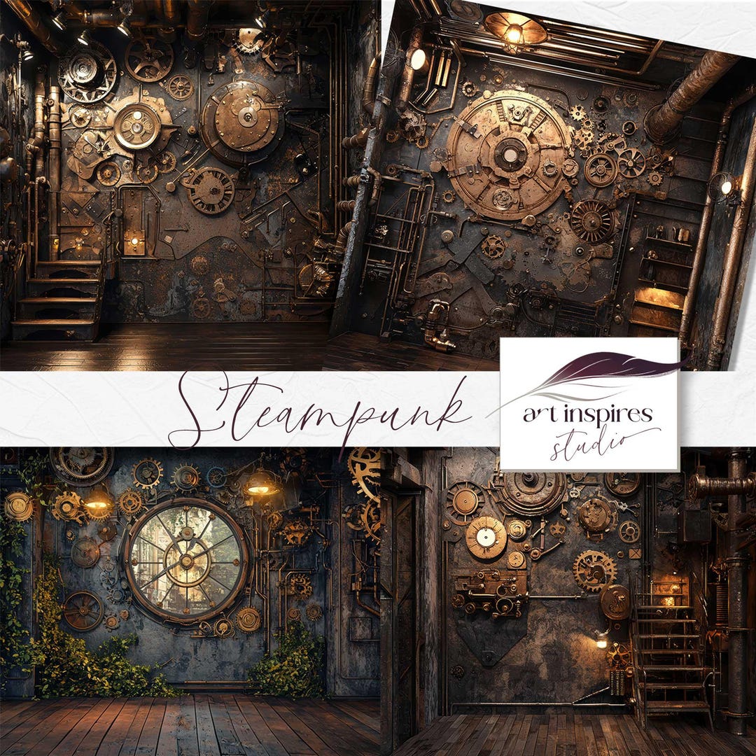 Steampunk Digital Backdrop, Vintage Industrial Background, Mechanical ...