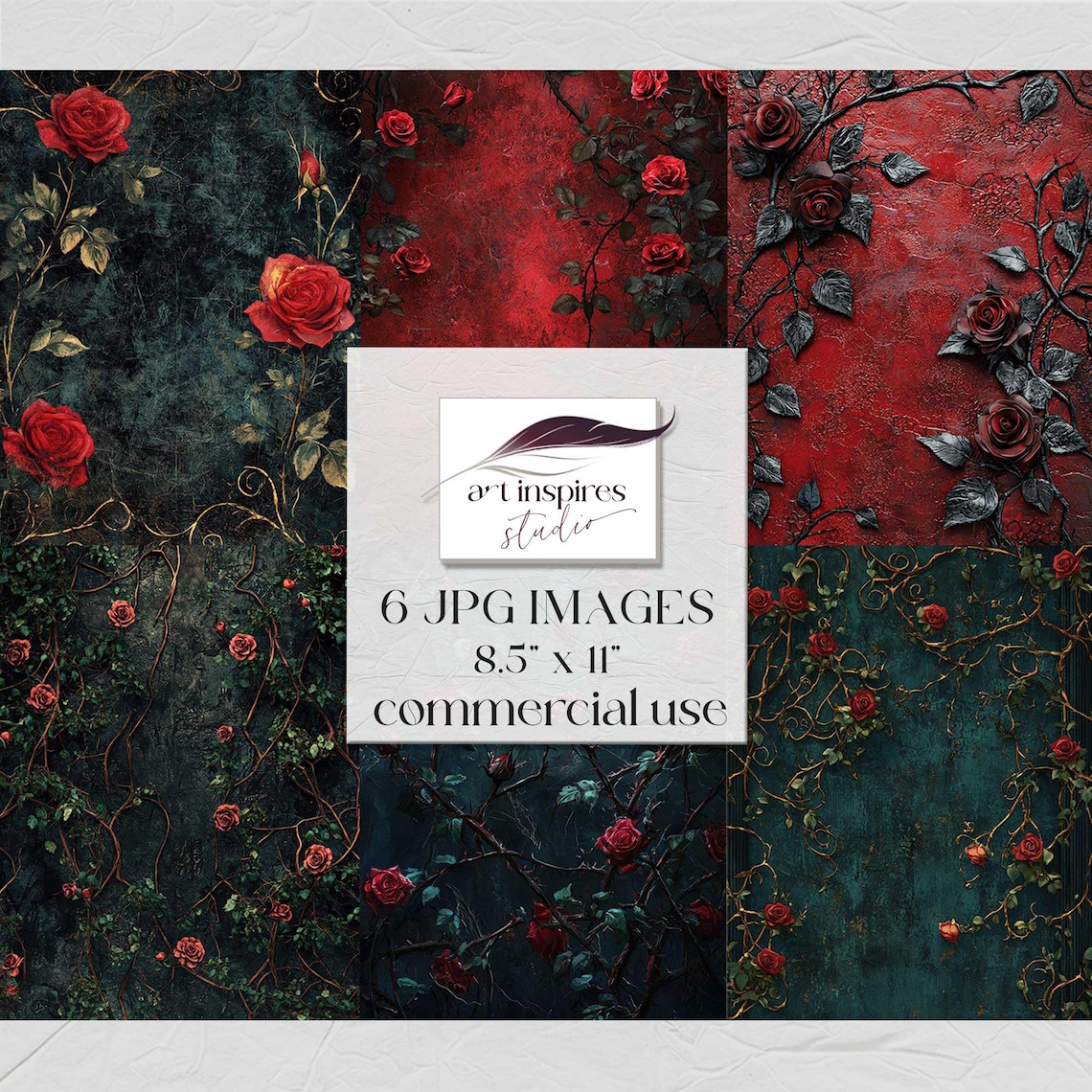 Dark Gothic Red Rose Digital Background, Elegant Black Thorn Floral ...