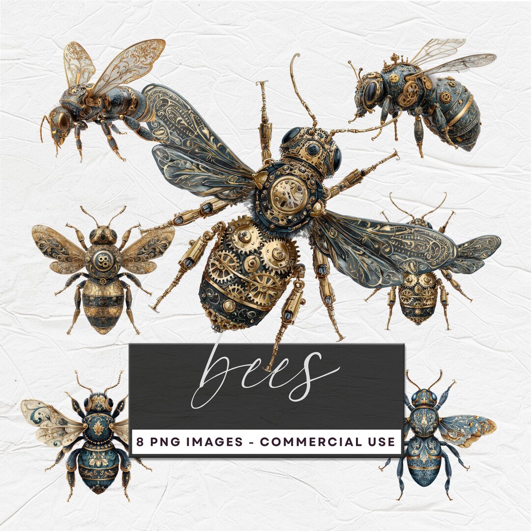 Blue Steampunk Bees Clipart, Clockwork Bee Illustrations for Creative ...