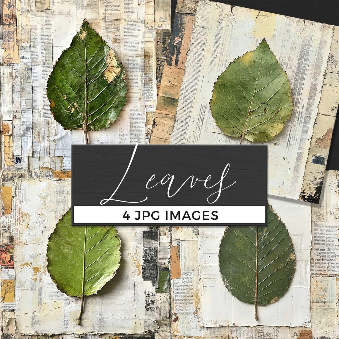 Green Leaf Digital Paper, Rustic Textured Background, Vintage Collage ...
