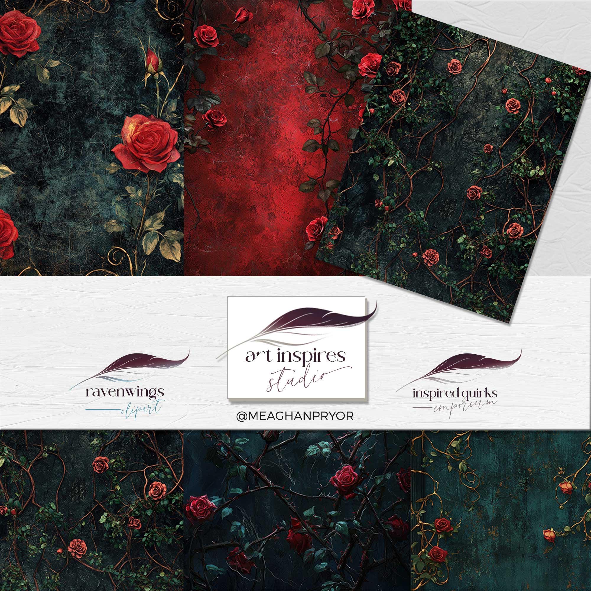 Dark Gothic Red Rose Digital Background, Elegant Black Thorn Floral ...