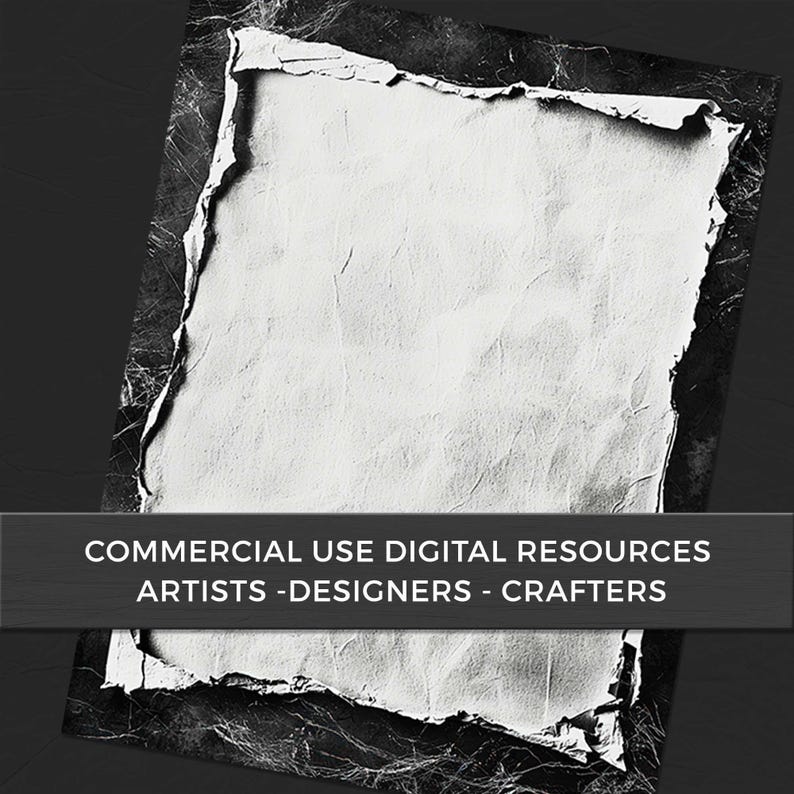 Torn Paper Edge Texture Overlay, Grunge White on Black Digital, Junk ...