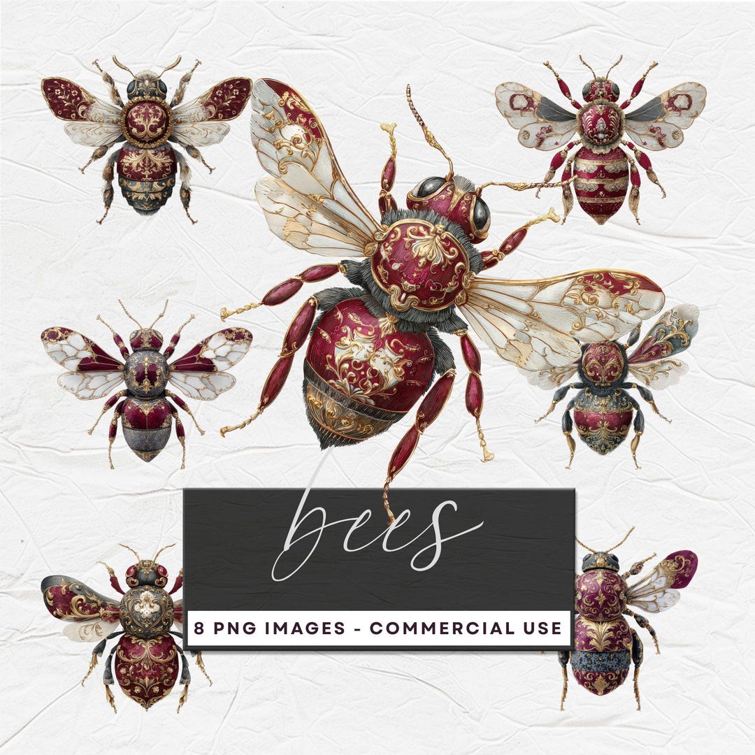 Gilded Fantasy Bees Clipart, Burgundy & Gold Ornate Bee Illustrations ...
