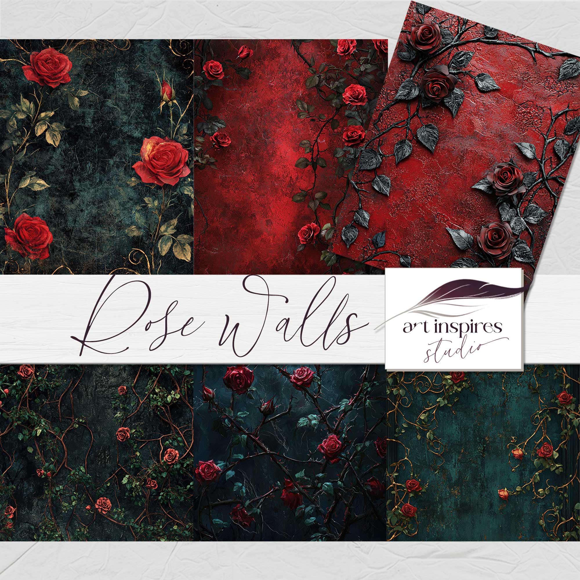 Dark Gothic Red Rose Digital Background, Elegant Black Thorn Floral ...