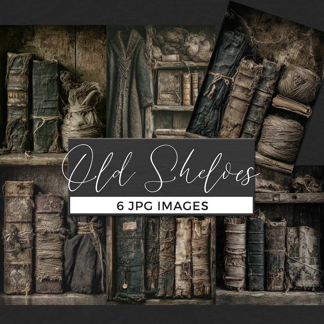 Old Bookshelf Textures, 6 Antique Shelf JPG Images, Vintage Grunge ...