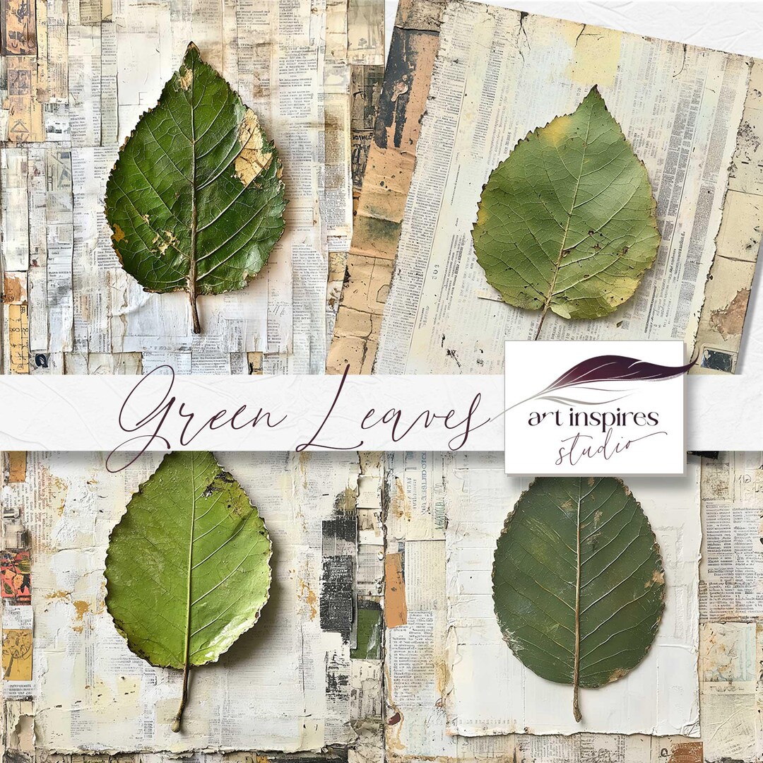 Green Leaf Digital Paper, Rustic Textured Background, Vintage Collage ...