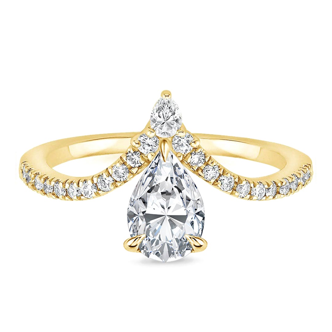 Pear Cut White Diamond Contour V Shape Engagement Ring 14K - Etsy