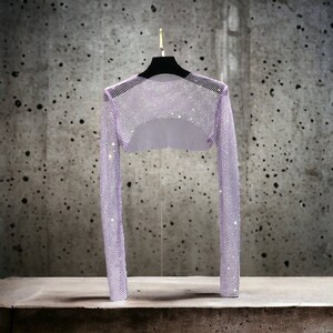 Bling Glam Rhinestone Long Sleeve Net Crop Top Beach Bikini Cover Mesh ...