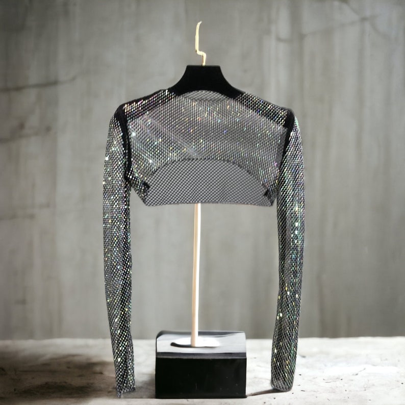 Bling Glam Rhinestone Long Sleeve Net Crop Top Beach Bikini Cover Mesh ...