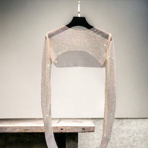 Bling Glam Rhinestone Long Sleeve Net Crop Top Beach Bikini Cover Mesh ...