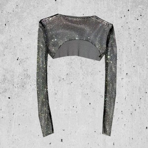 Bling Glam Rhinestone Long Sleeve Net Crop Top Beach Bikini Cover Mesh ...