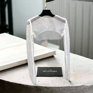 Bling Glam Rhinestone Long Sleeve Net Crop Top Beach Bikini Cover Mesh ...