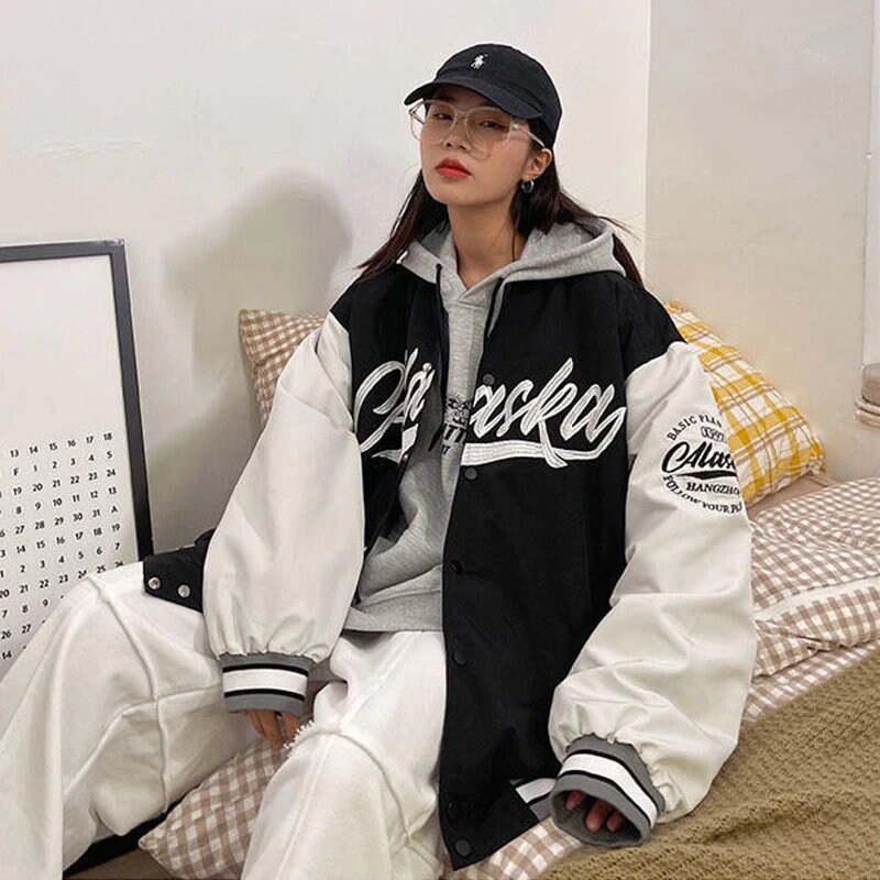 Black Varsity Letterman Jacket With White Crop Top And Sweatpants With