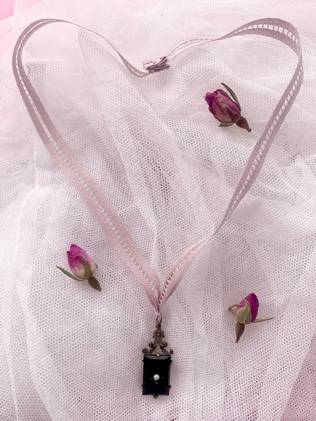 Antique 1910s Edwardian Mourning Pendant Necklace Black Glass Seed ...