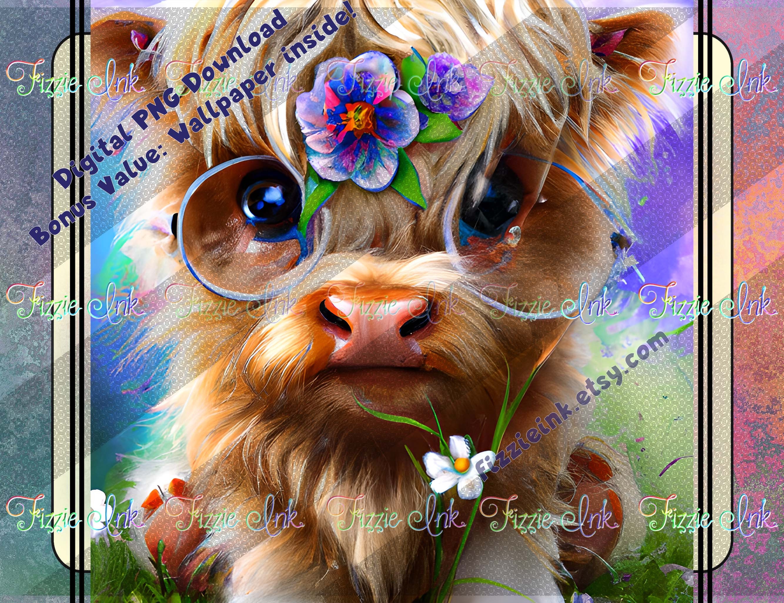 Highland Cow With Glasses,hairy Cow,mama Cow,floral Cow,digital ...