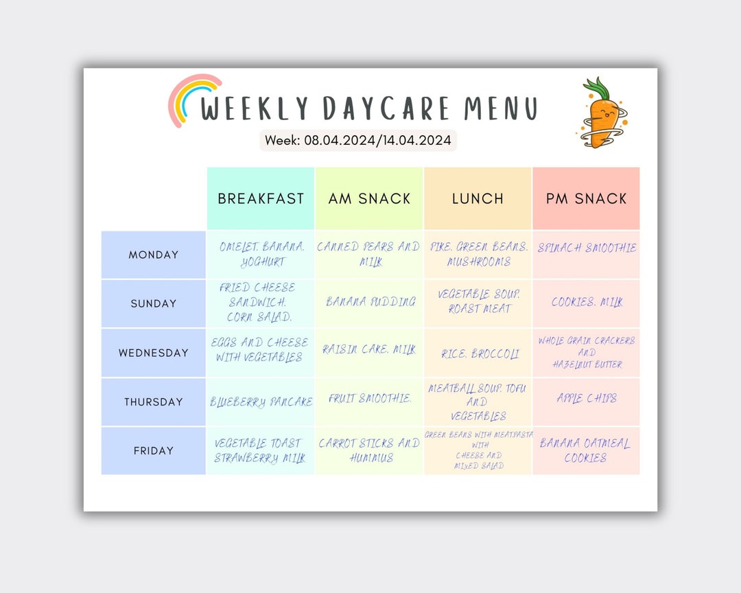 Weekly Daycare Menü Fillable Daycare Weekly Editable Daycare Menu ...