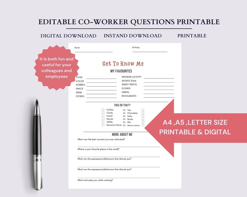 Editable Coworker Questions Printable All About Me Employee ...