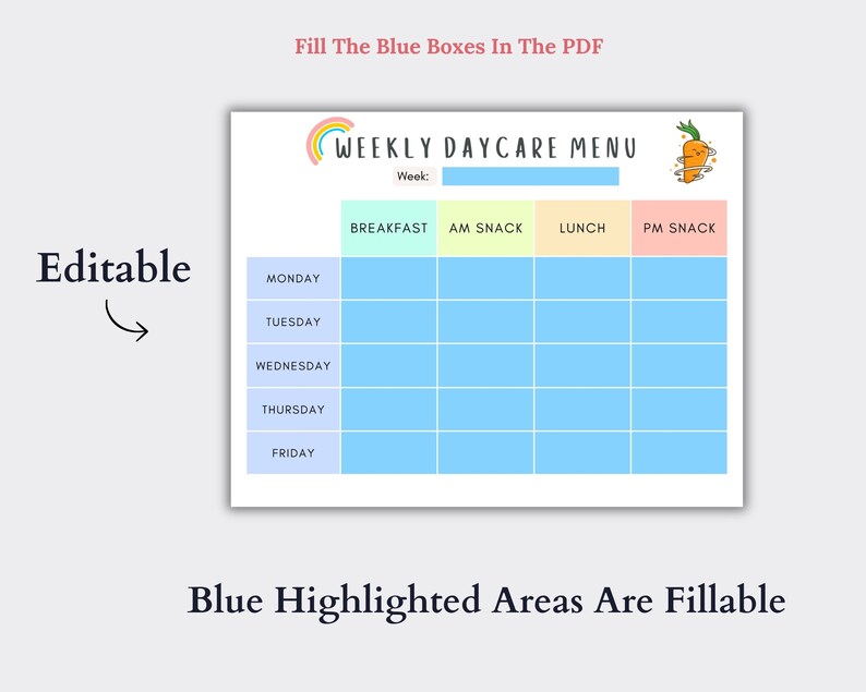 Weekly Daycare Menü Fillable Daycare Weekly Editable Daycare Menu ...
