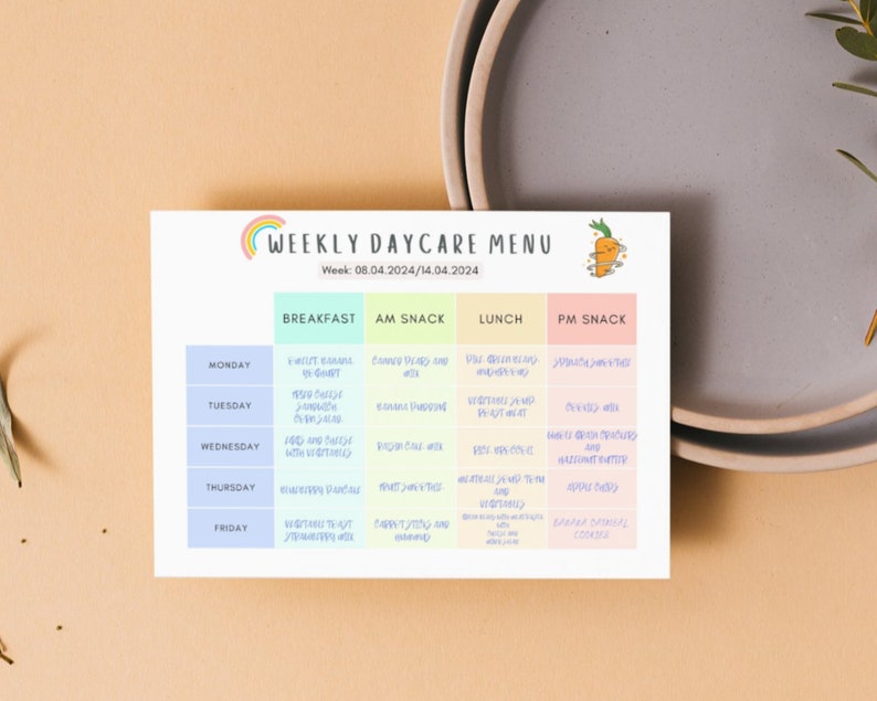 Weekly Daycare Menü Fillable Daycare Weekly Editable Daycare Menu ...