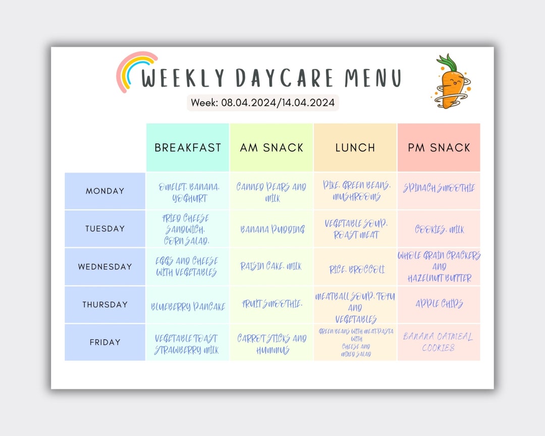 Weekly Daycare Menü Fillable Daycare Weekly Editable Daycare Menu ...