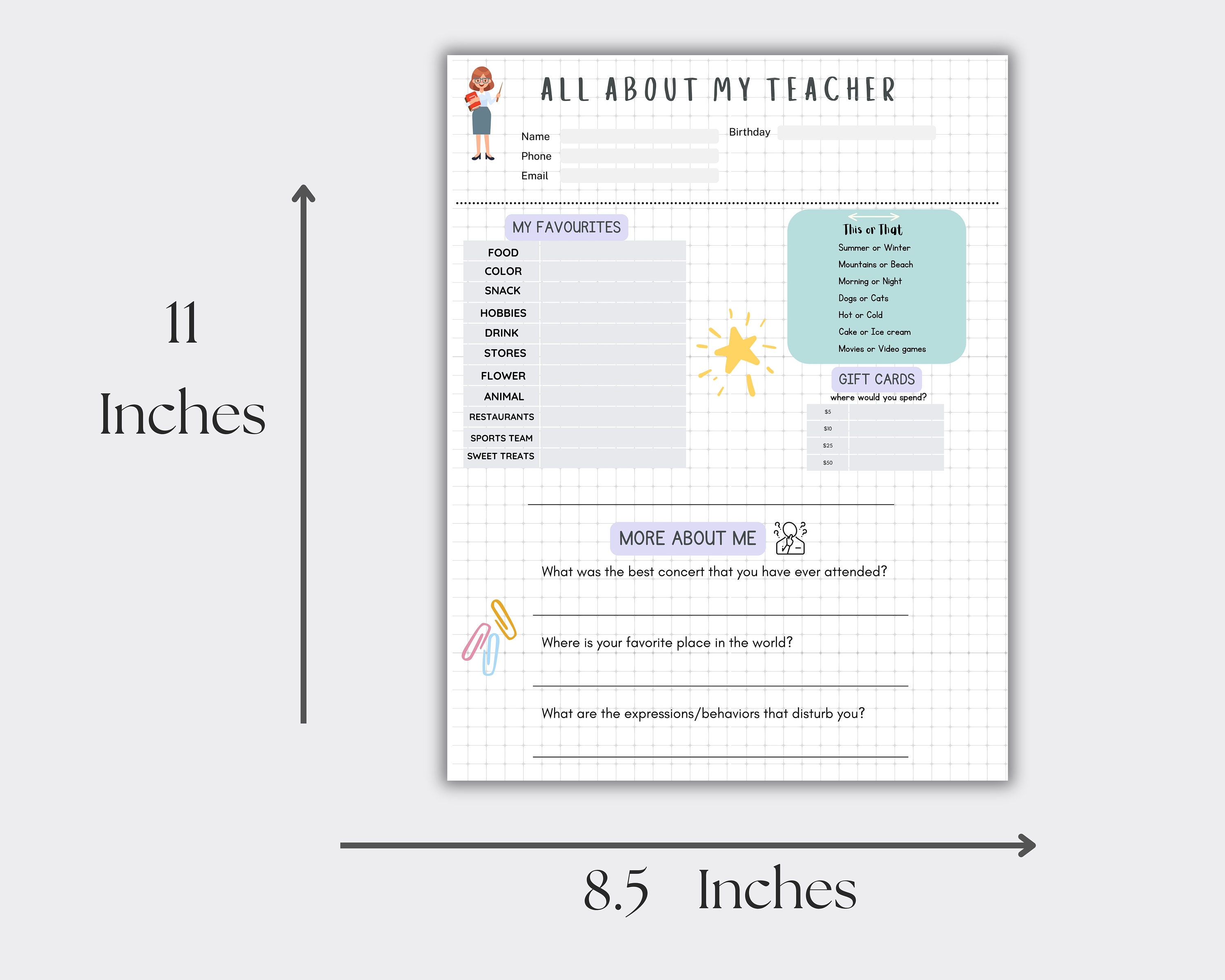 All About My Teacher, Teacher Survey , Teacher Favorite Things ...