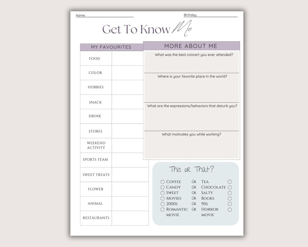 Editable Coworker Questions Printable All About Me Employee ...