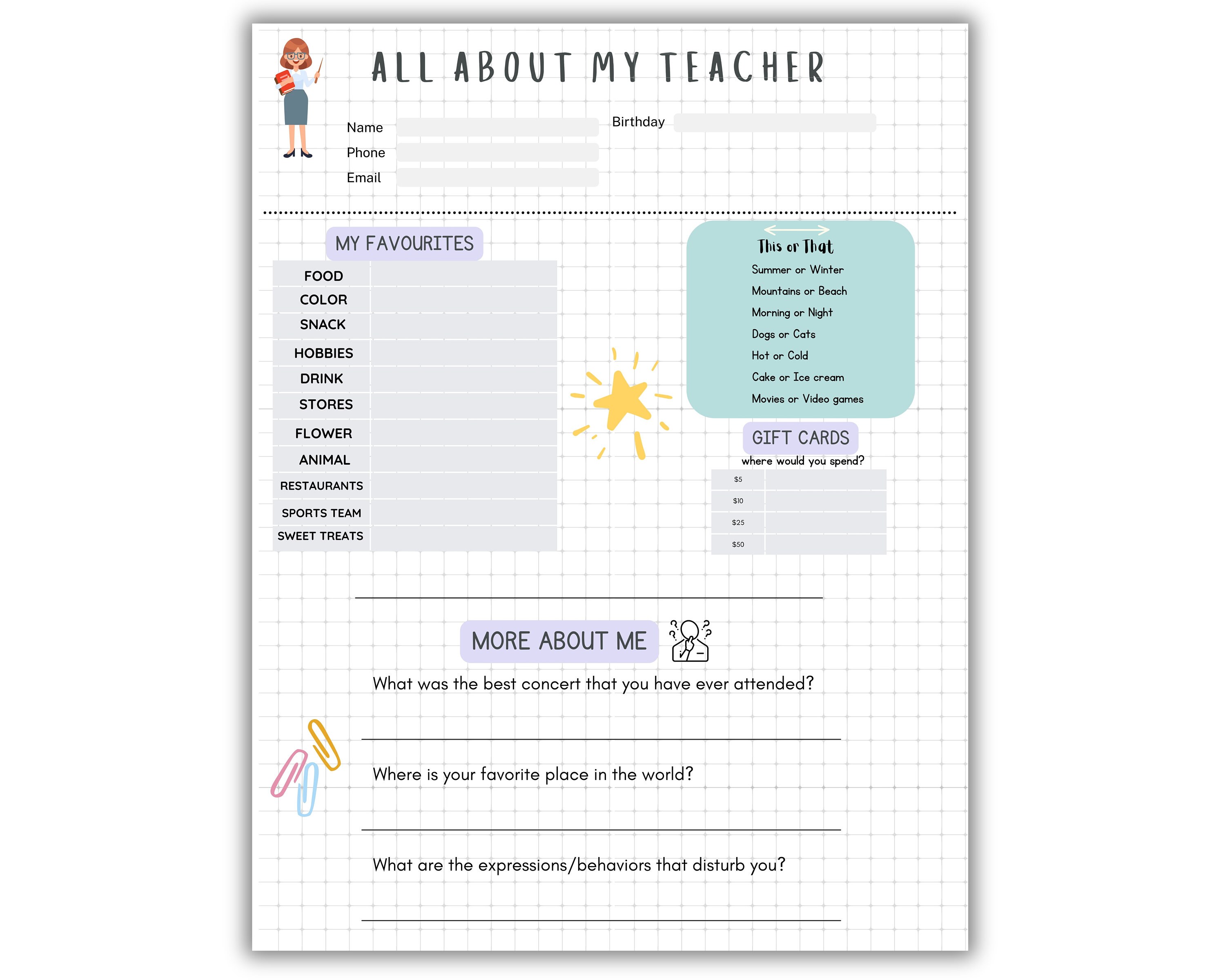 All About My Teacher, Teacher Survey , Teacher Favorite Things ...