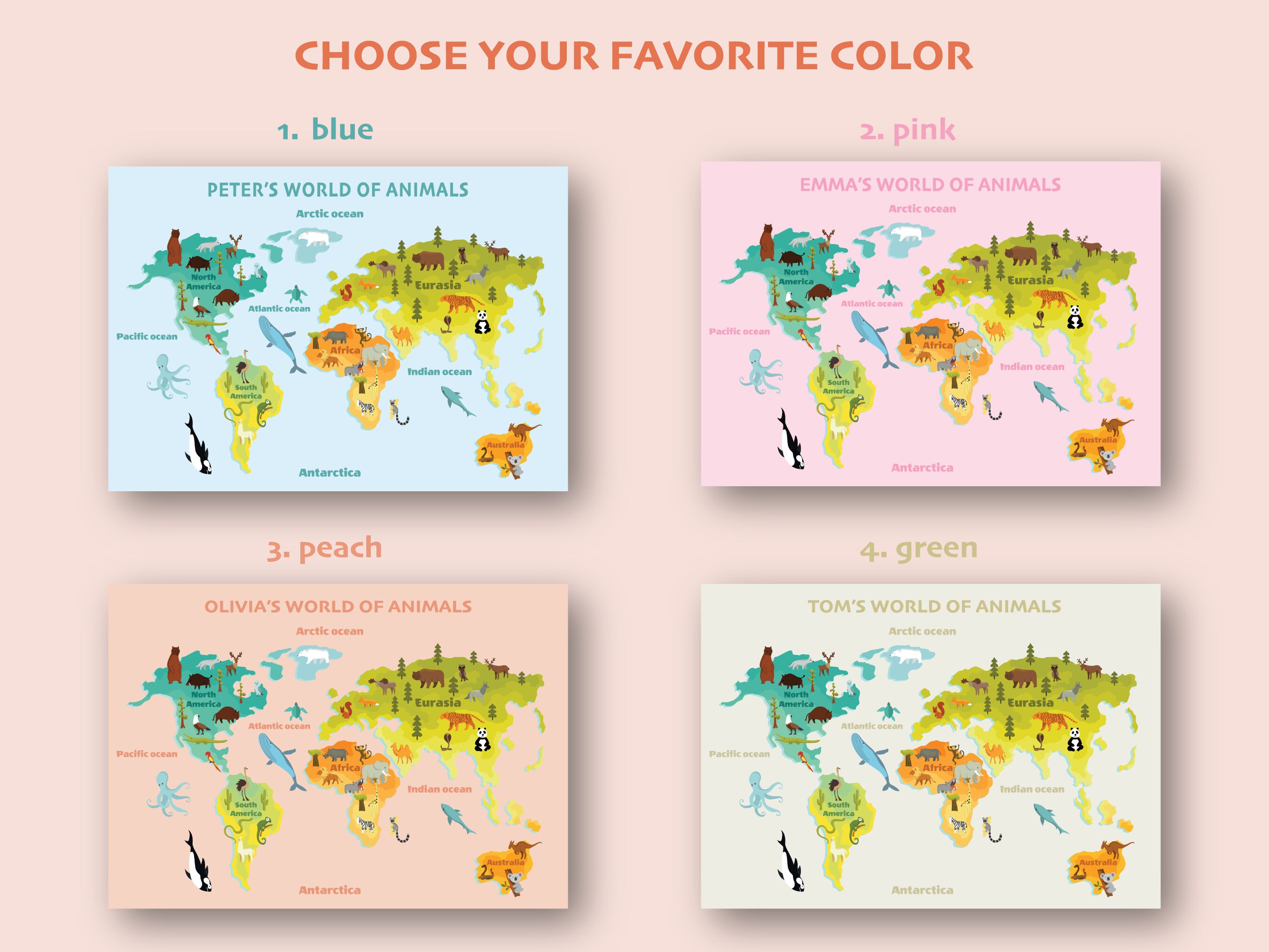 Personalised Animal World Map Print, Kids World Map, World Map Wall Art ...