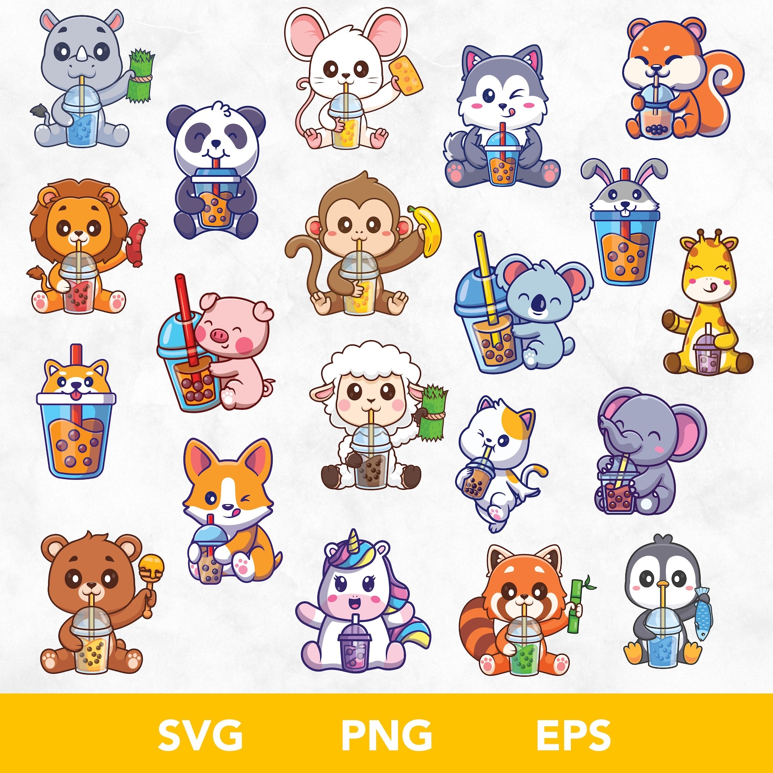 Kawaii Animals Drinking Boba Tea Clipart PNG Bundle, Cute Animal ...