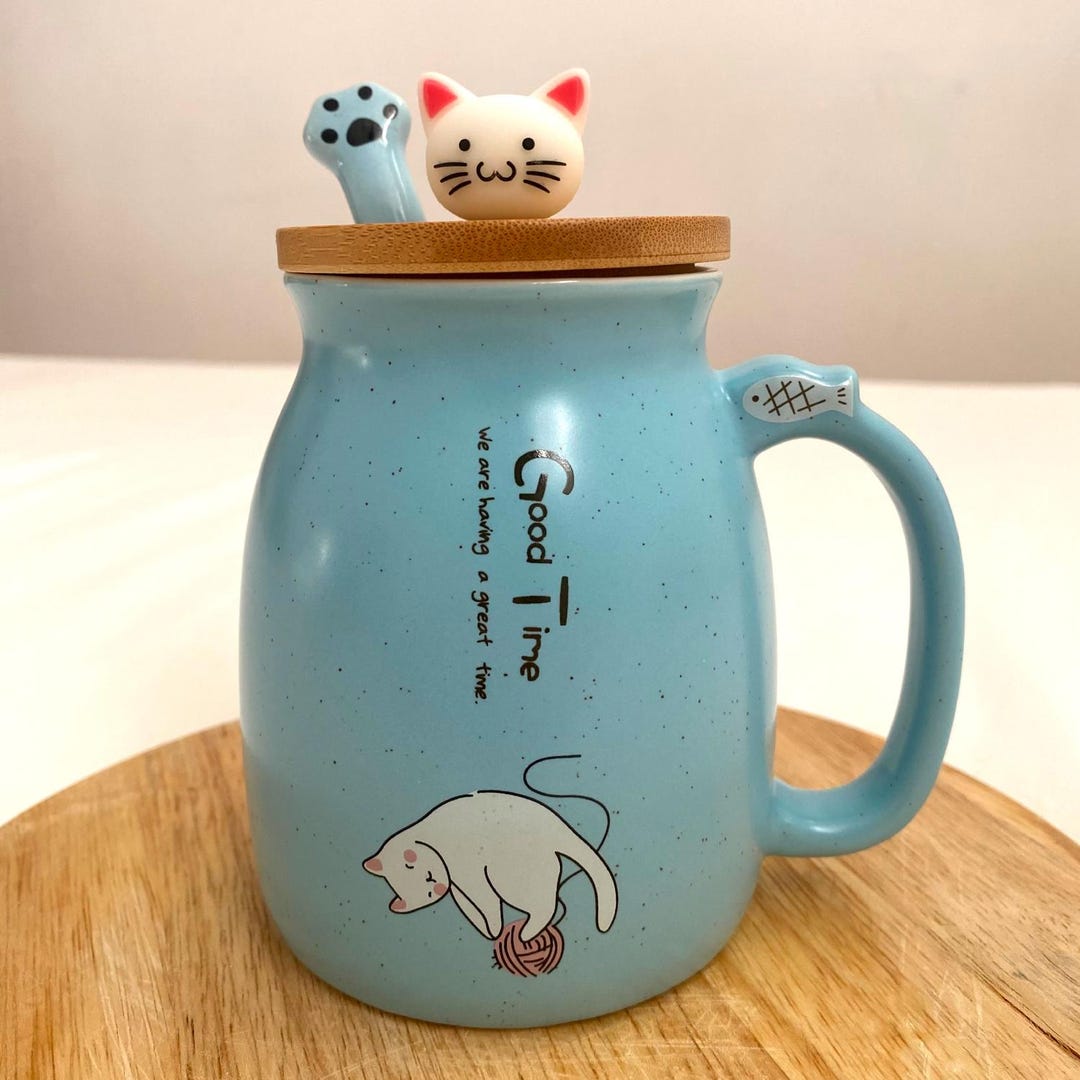 Cute Cat Mug With Lid and Spoon, Kawaii Ceramic Coffee Mug, Adorable ...