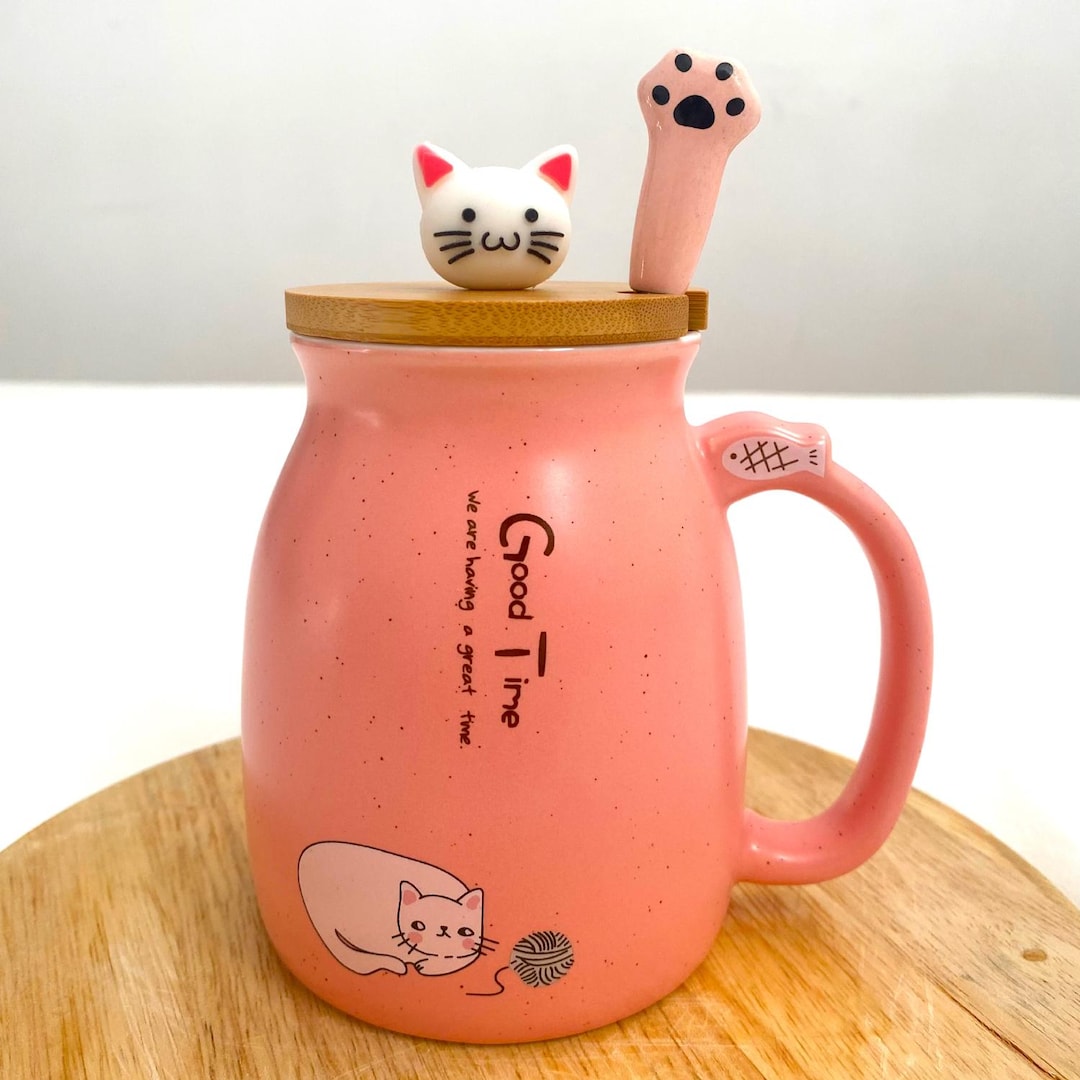 Pink Cat Mug With Lid and Spoon, Kawaii Ceramic Coffee Cup, Cute Cat ...
